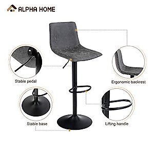ALPHA HOME 2 Pack Bar Chairs, 360 Degree Swivel Bar Stools Set of 2 with PU Leather, Counter Stools for Kitchen Counter with 300 LBS Capacity, Adjustable Counter Height Bar Stools with Back, Grey