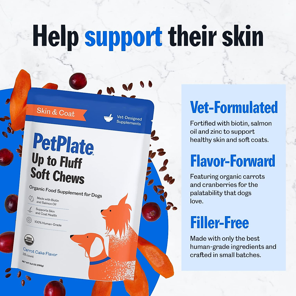 PetPlate Up to Fluff Soft Chews for Dogs, Skin & Coat Support, USDA Organic Supplement, Grain-Free, Human-Grade, Includes Salmon Oil and Biotin, Pet Supplies (Pack of 1, 9.8 Ounce)