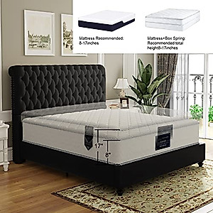 PaPaJet Bed Frame King Size Velvet Upholstered Sleigh Bed Platform with Deep Button Tufted Rolled Edge Headboard, Wood Slats Support/No Box Spring Needed/Black