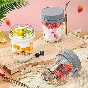 Tekuve 4 Pack Overnight Oats Containers with Lids and Spoon, 16 oz Glass Mason Jars with Airtight Lid for Overnight Oats Meal Prep Chia Yogurt Salad Fruit Gray White