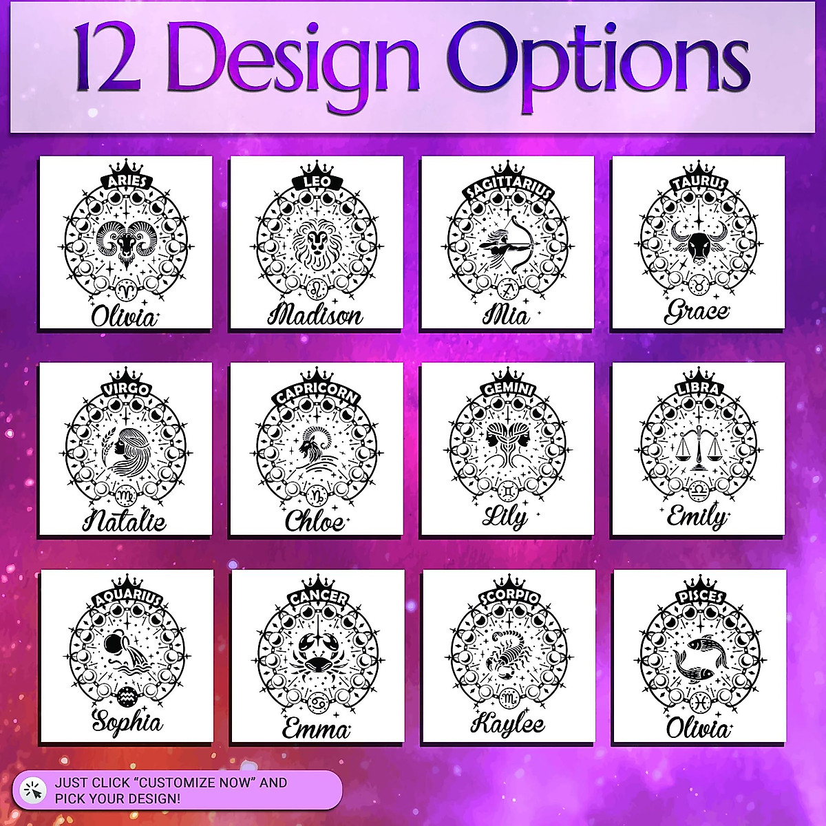 Custom Your Name Astrology Sign Zodiac Constellation Engraved Insulated Stainless Steel Wine Tumbler with Lid 12 oz. Personalized Horoscope Birthday Gift for Her