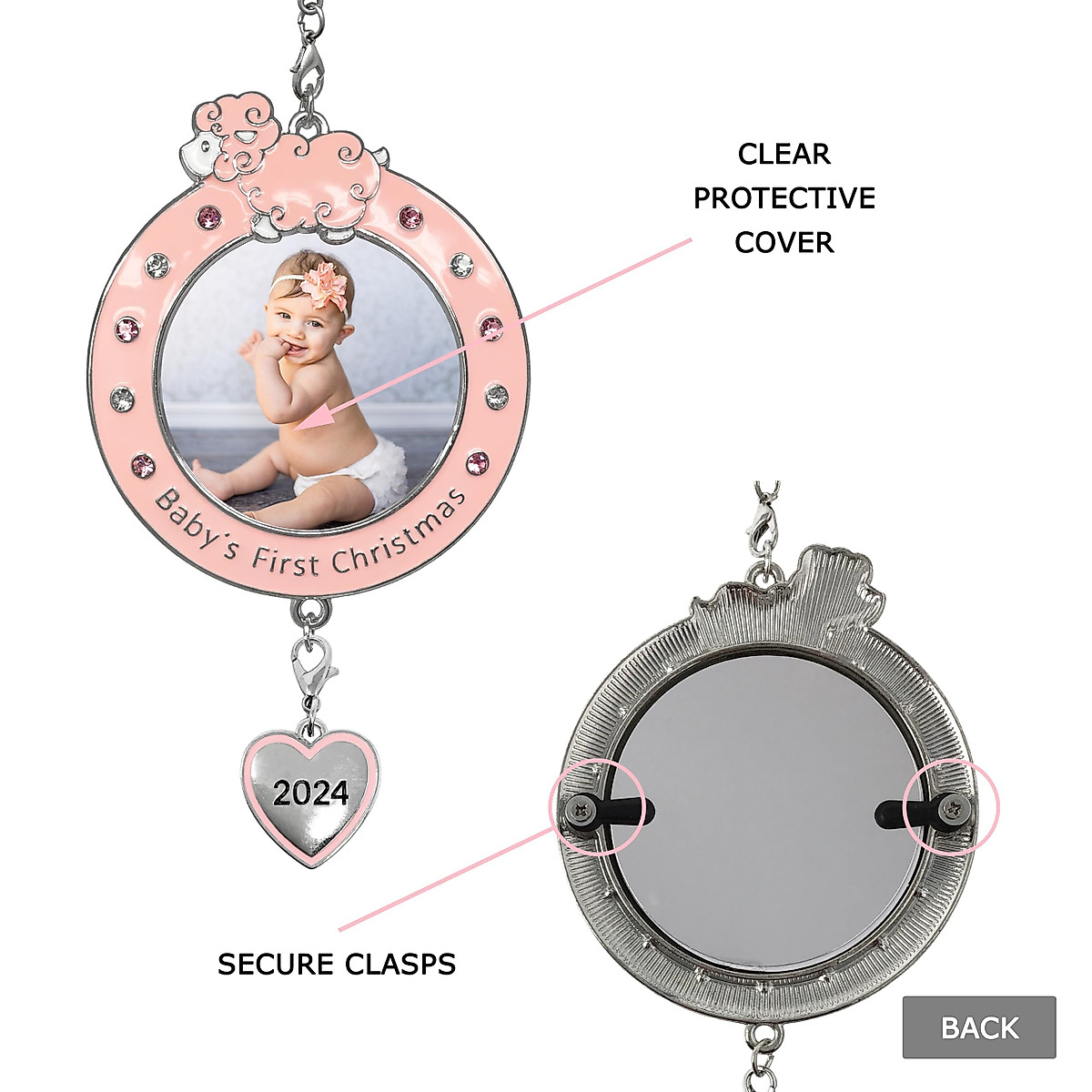 BANBERRY DESIGNS Baby Girl's First Christmas - 2024 Photo Ornament - Dated Xmas Picture Decoration for Newborn Daughter - Baby's 1st Keepsake - Gift/Storage Bag Included