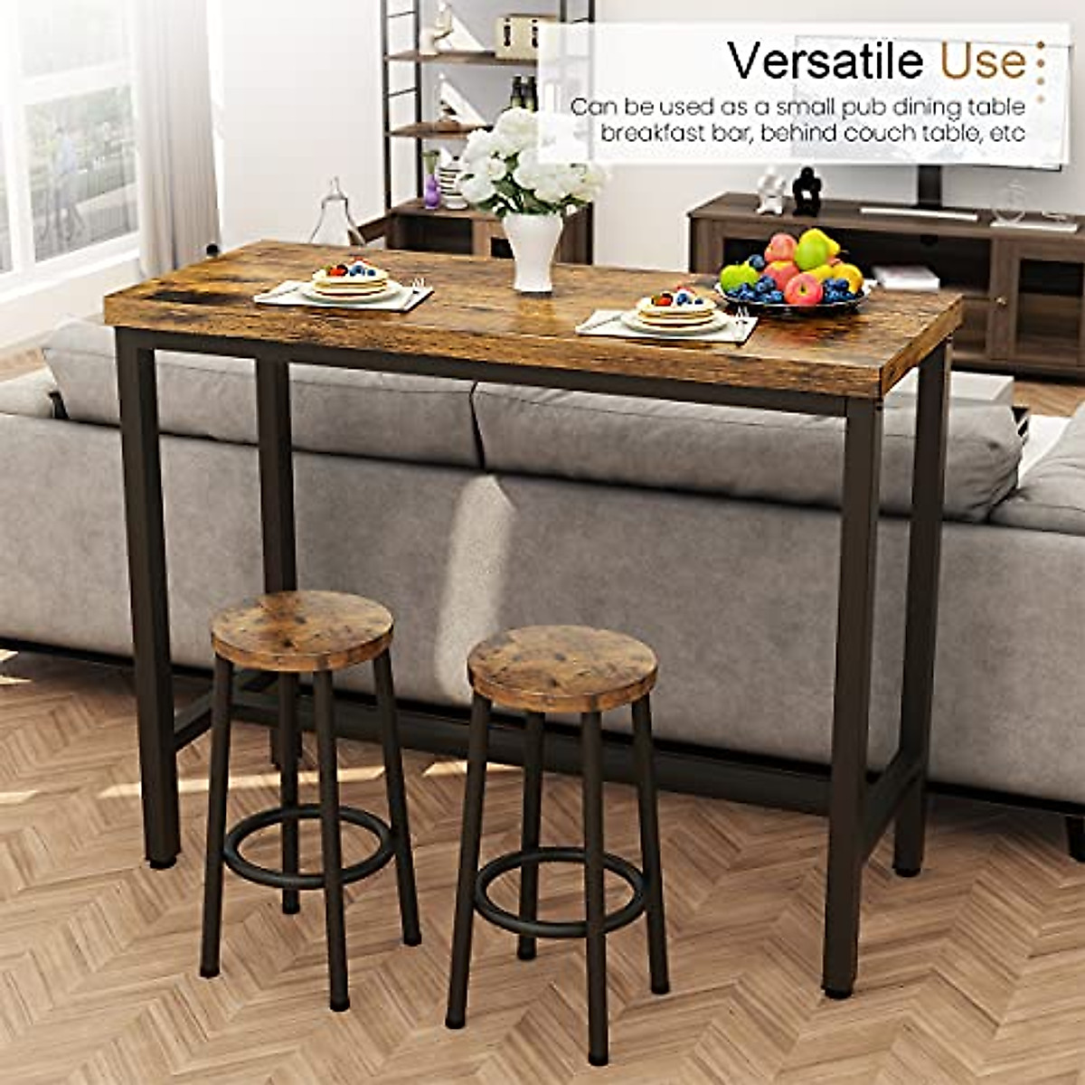 Recaceik 3 Piece Pub Dining Set, Modern bar Table and Stools for 2 Kitchen Counter Height Wood Top Bistro Easy Assemble for Breakfast Nook Living Room Small Space Restaurant, Rustic Brown 47"