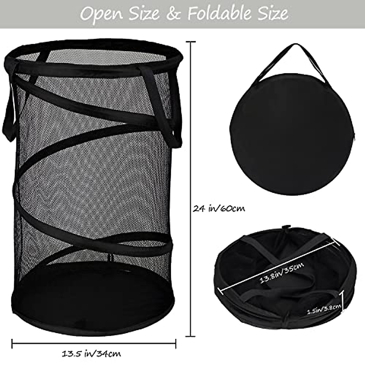 BATTOO Large Collapsible Laundry Basket Foldable Mesh Pop Up Hamper with Handles for Laundry Room, Bathroom, Kids Room, College Dorm, Travel, Storage Organizer Black