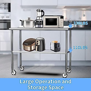 ROVSUN 36' x 24'' Stainless Steel Table for Prep & Work,Commercial Worktables & Workstations,Heavy Duty Metal Table with Wheels & Backsplash for Kitchen, Restaurant,Home