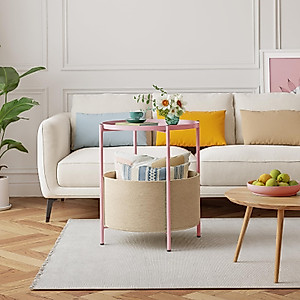 Fixwal Round Side Table, Bedside Table, Pink Nightstand, Metal Side Table with Fabric Storage Basket, Small End Table with Removable Tray, Dresser for Kids Bedroom, Nursery, Laundry