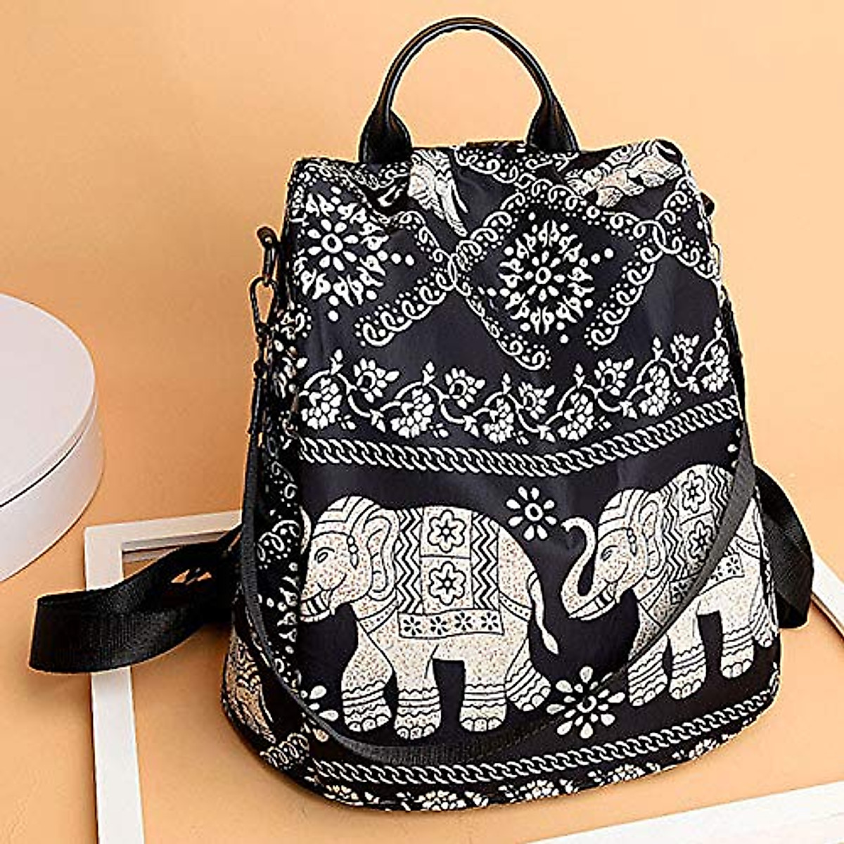 Monique Women Medium Floral Elephant Oxford Backpack Anti-theft Back Zipper Closure Daypack Convertible Shoulder Bag Black