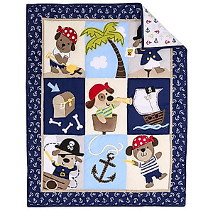 Brandream Boys Crib Bedding Sets Nautical Anchor Palm Dog Pirate Theme Nursery Set - Baby Quilt, Fitted Crib Sheet, Crib Skirt Included, 3 Pieces Navy Blue