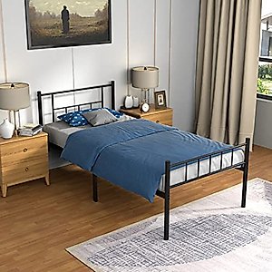 Metal Platform Bed Frame Twin Mattress Foundation Heavy-Duty Steel Slat Noise-Free Support with Headboard & Foot Board NO Boxing Spring Needed Under-Bed Storage Easy Assembly, Twin