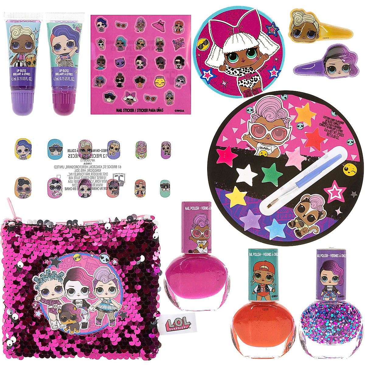 Townley Girl L.O.L Surprise Ultimate Makeover Set with over 20 Pieces, Including Lip Gloss, Nail Polish, Press-On Nails, Nail Stickers and Reversible Sequin Bag, Ages 5+