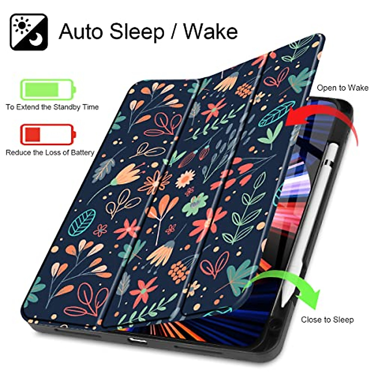 Lepeoac Designed for iPad Pro 11 inch Case M2 4th Generation (2022) / 3rd Gen (2021) / 2nd Gen (2020) / 1st Gen (2018) with Pencil Holder, Trifold Stand TPU Back Shell Smart Case, Flat Floral