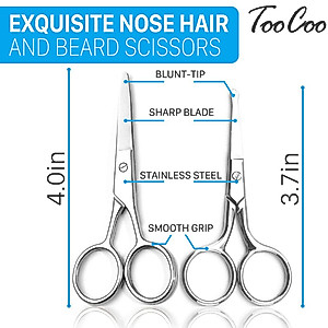 TooCoo Stainless Steel Dog Grooming Scissors Eyebrow Grooming Scissors Mustache Scissors Manual Nose Hair Scissors, Rounded Eyebrows Facial Hair Scissors (Scissors[2 Pack])