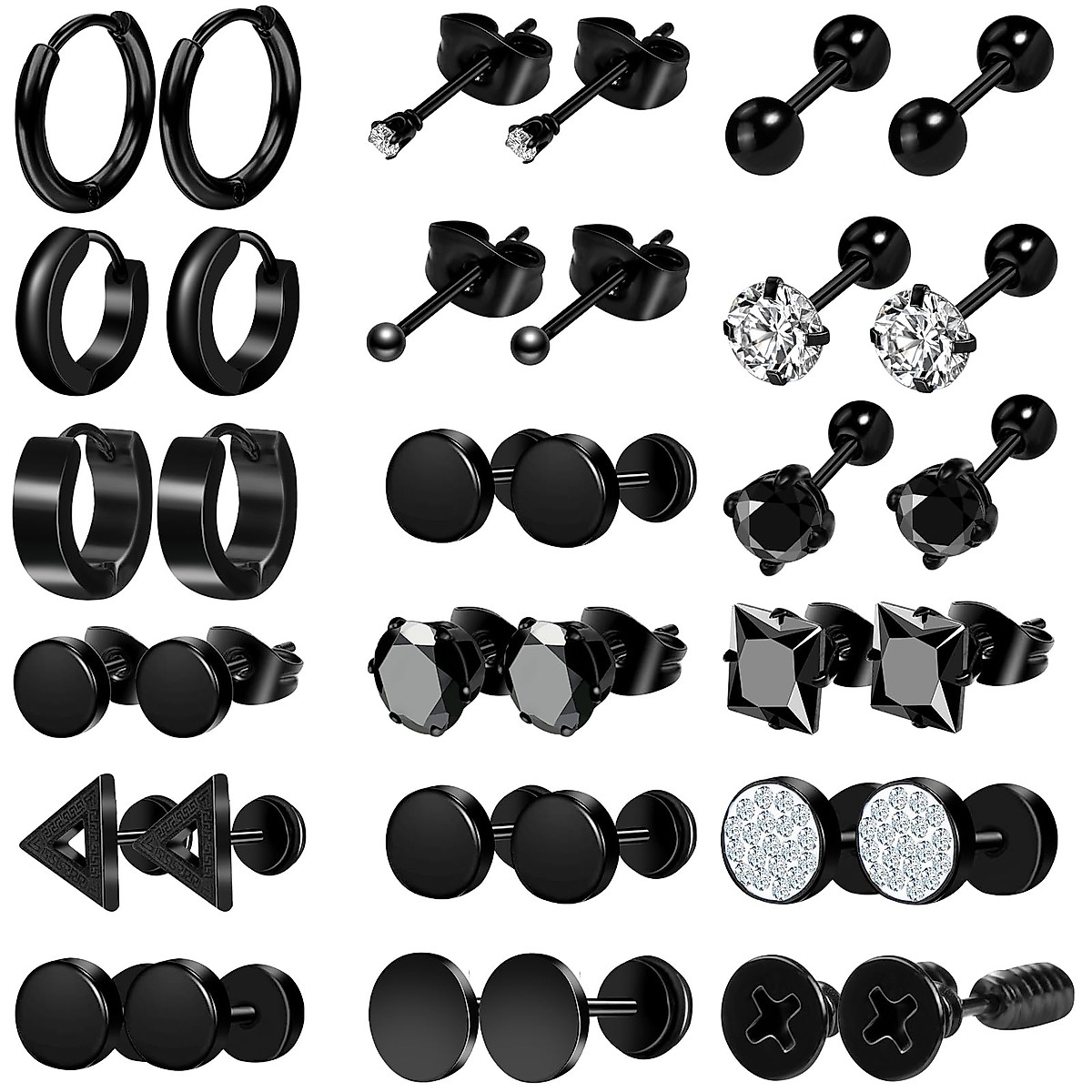 ONESING 18 Pairs Mens Earrings Black Earrings for Men Stainless Steel Earrings Piercing Jewelry Stud Hoop Punk Earrings Set