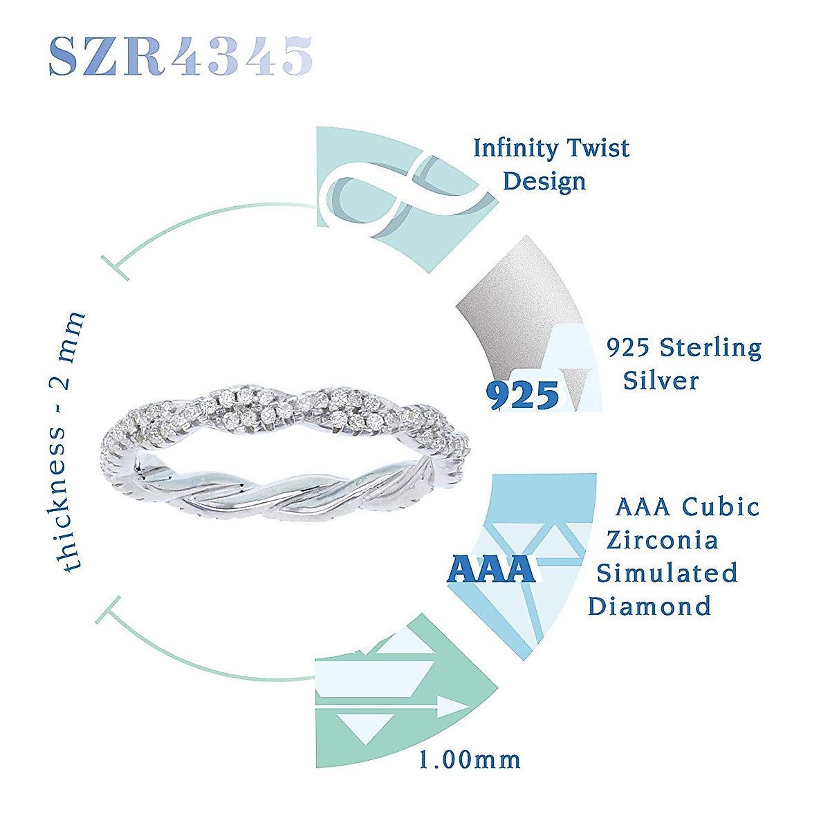 Decadence Sterling Silver Infinity Twist Weave Eternity Band Stack Ring for Women | Round Pave Eternity Rings for Women | Simulated AAA Stackable Cubic Zirconia Stones | Sizes 6 7 8 9