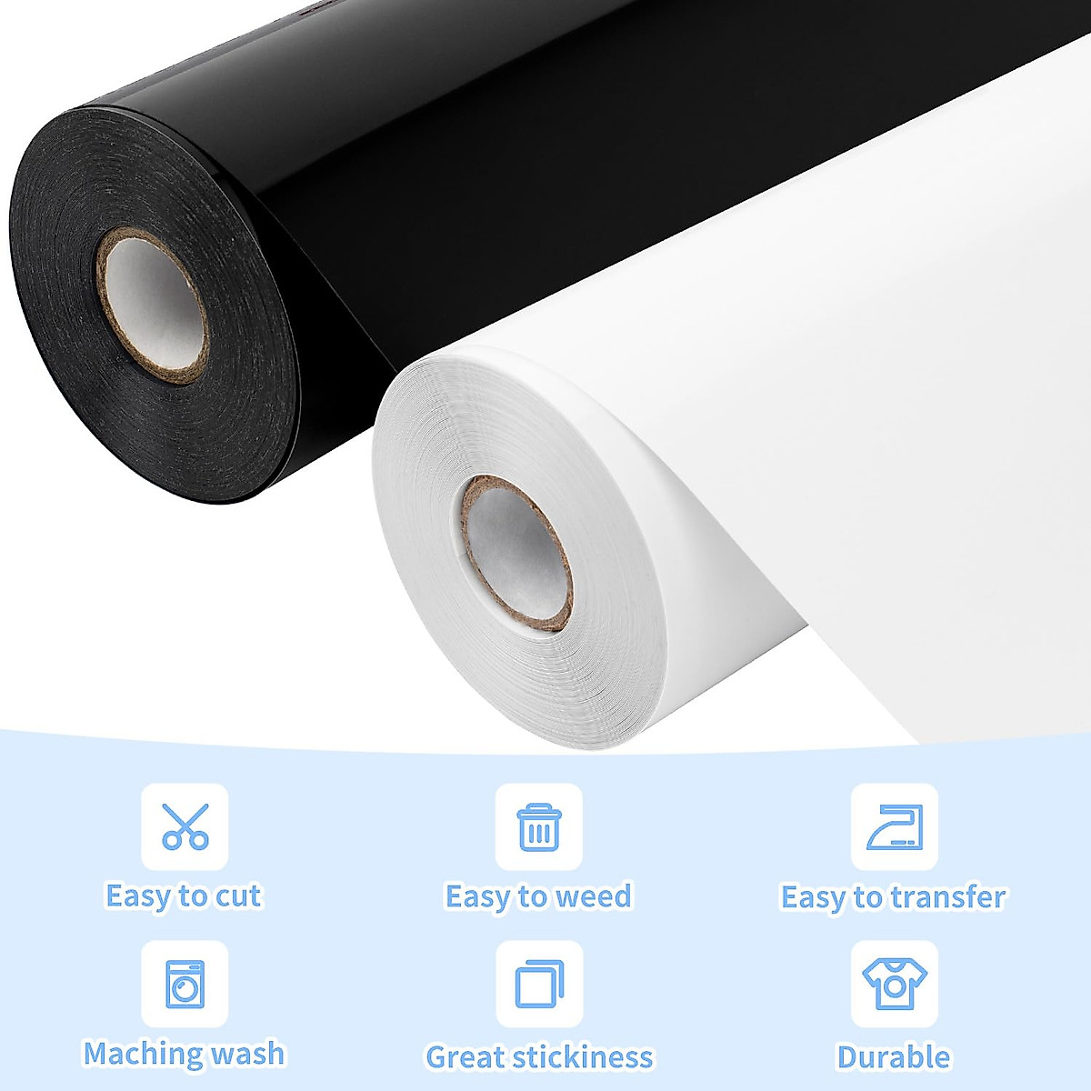 VinylRus Heat Transfer Vinyl-12” x 50ft Black and White Iron on Vinyl Roll for Shirts, HTV Vinyl for Silhouette Cameo, Cricut, Easy to Cut & Weed