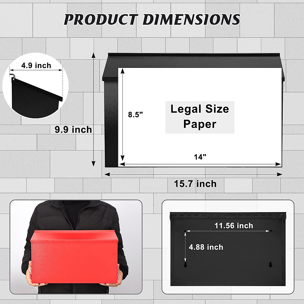 KYODOLED Wall-Mount Mailbox for House,Large Capacity Mail Box,Galvanized Steel Rust-Proof Metal Post Box,Mailboxes for Outside,15.7"x9.9"x4.9" Black