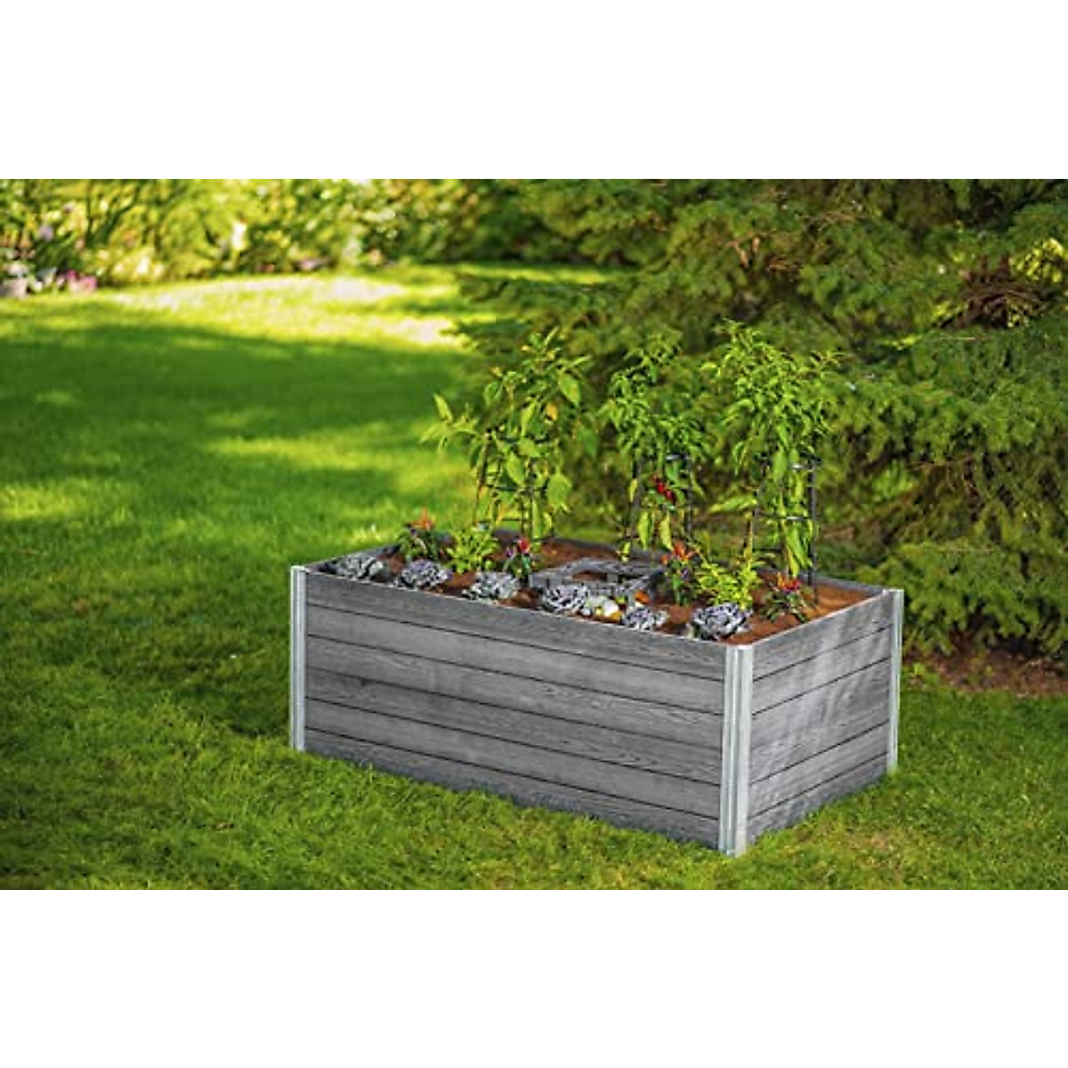 Vita Urbana 3 Foot x 5 Foot Embossed Vinyl Keyhole Garden with Composting Basket, Slate Grey, Gray, PVC, BPA and Pthalate Free, Woodgrain, VT17602