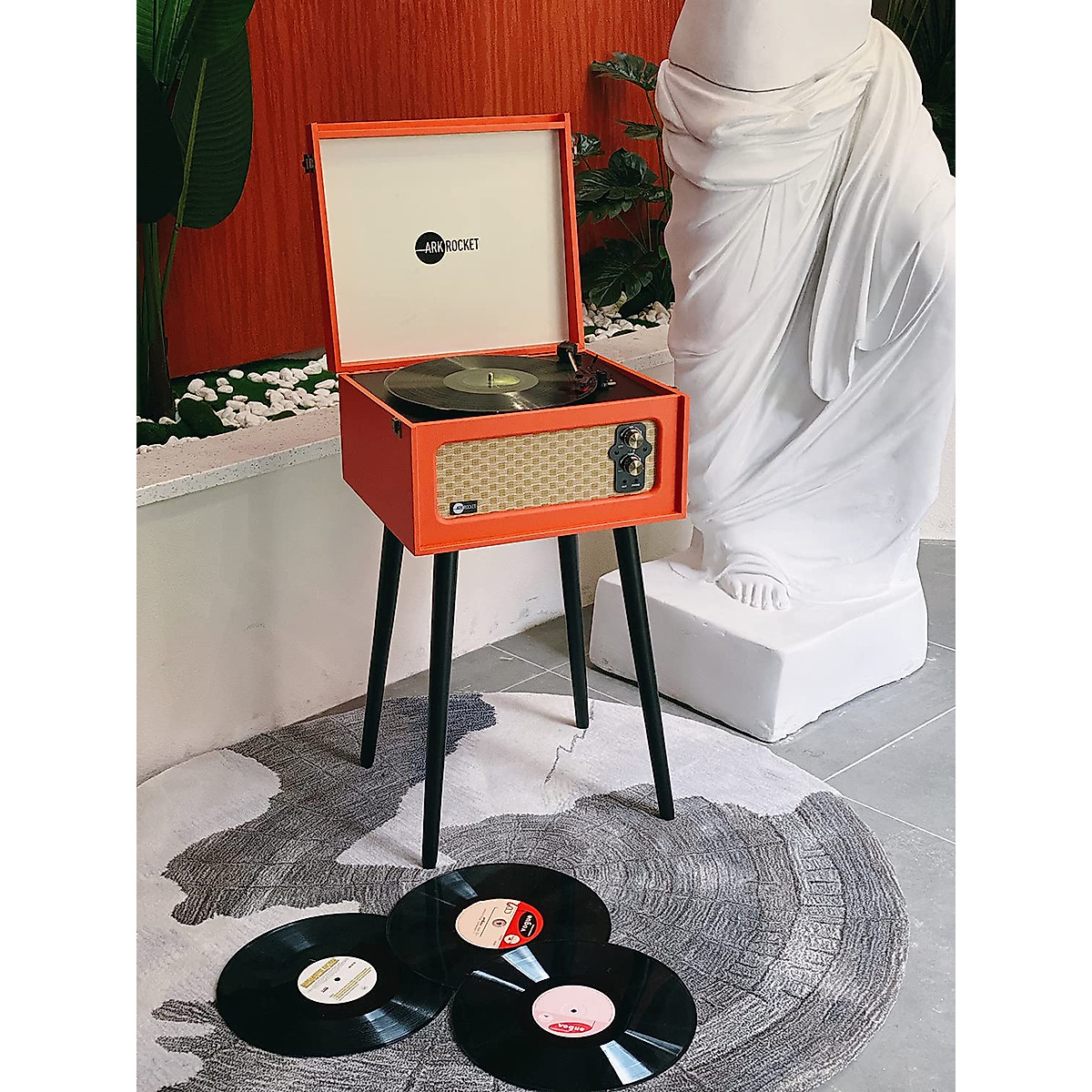 Arkrocket 3-Speed Bluetooth Record Player Retro Turntable with Built-in Speakers Rocket Moving Magnet Cartridges and Removable Legs (Orange)