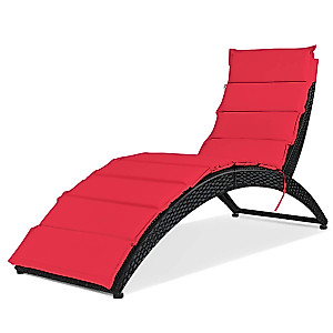 Tangkula Foldable Patio Lounge Chair, Outdoor Rattan Lounger Chaise, Portable Patio Chaise with Cushion, All-Weather Wicker Furniture for Garden Lawn Balcony Backyard Poolside (1, Red)