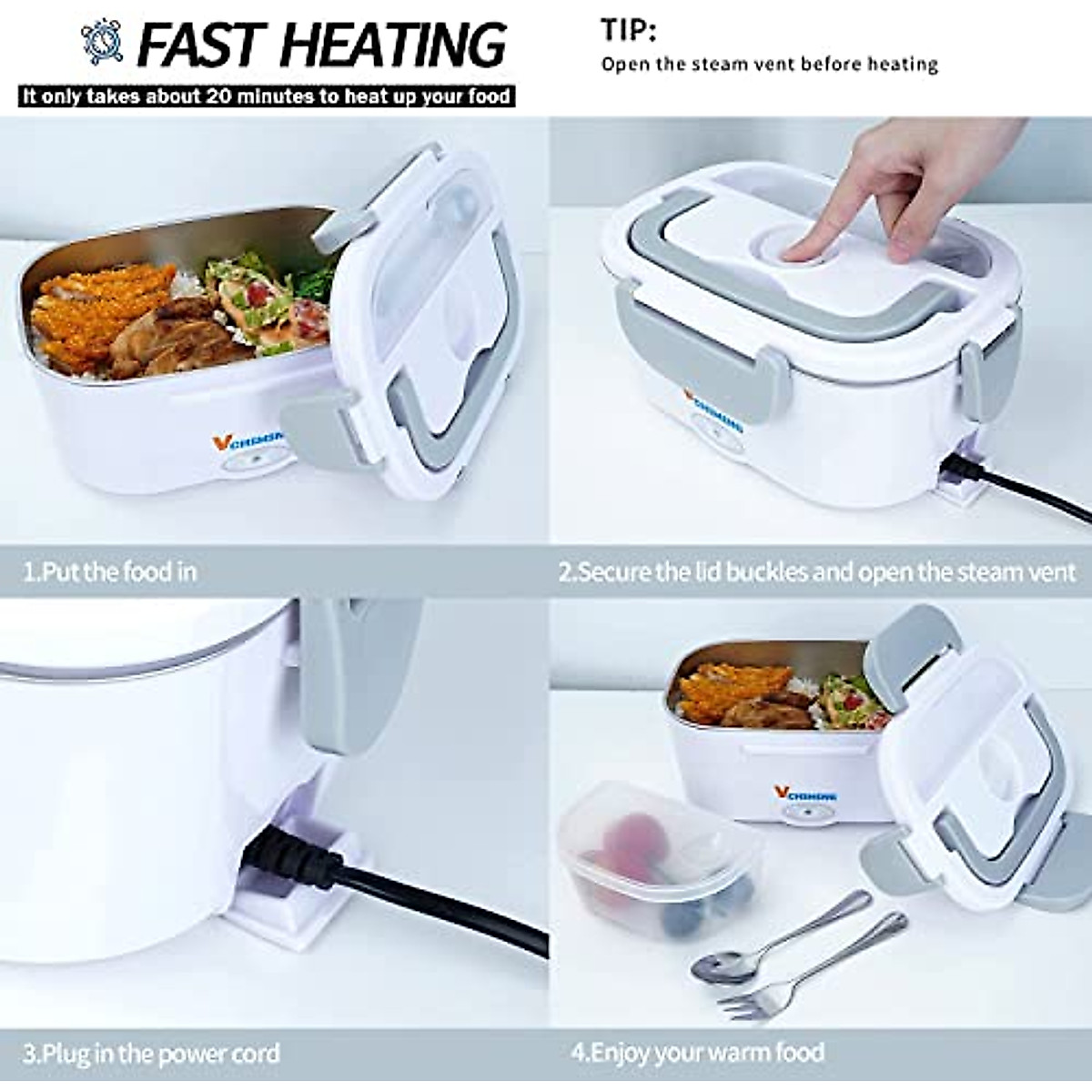 Vchiming 60W Electric Lunch Box Food Heater, 3 in 1 Portable Food Warmer for Car/Truck/Home, Leak proof, 2 Compartments, Removable 304 Stainless Steel Container 1.5L with Fork & Spoon and Carry Bag