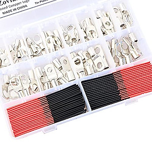 Wire Lugs Battery Cable Lugs AWG 10 8 6 4 Marine Grade Tinned Copper Wire Lugs Battery Cable Ends Eyelets SC Ring Terminal Connectors Assortment Kit with Heat Shrink Set-144Pcs