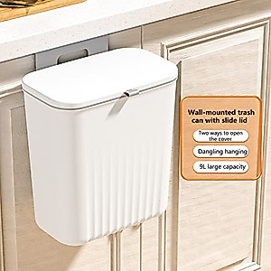 Kitchen Trash Can with Lid - Trash Can 9L Large Capacity Wide Opening Plastic Wall-Mounted Cabinet Sliding Rubbish Bin Household Products - Green A