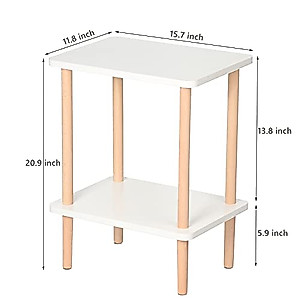 exilot 2-Tier Side Table Tall End Table with Storage Rack Wooden Nightstand Bedside Table for Living Room Bedroom Office No-Tool Assembly (White).