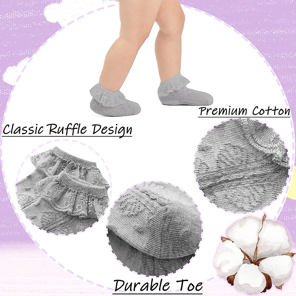 hakugoo Baby Girl Lace Socks Eyelet Ruffle Socks 6 Pairs Pack Princess Dress Socks Infant Toddler, White Ivory Pink Purple Green Grey,6-12 Months