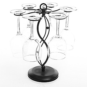MyGift Gold Metal Countertop Wine Glass Holder with Scrollwork Design, Freestanding Tabletop Stemware Storage Rack with 6 Hooks