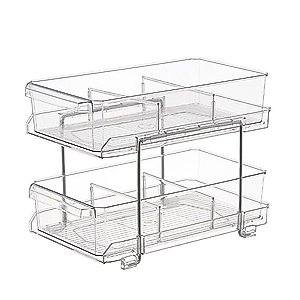 Frogued Desktop Rack 2 Tier Clear Organizer with Dividers, Multi-Purpose Slide-Out Storage Container for Bathroom and Kitchen Counter, Medicine Cabinet Storage Bins, Under Sink Closet Organization Cl