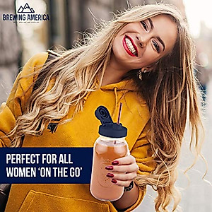 Brewing America Glass Mason Jar Pitcher with Lid - Ball Jars, 2 Quart (64 oz) with Old Glory Red Wide Mouth Mason Jar Pour Lid, for Smoothie, Boba Cup, Sun Tea Jar, Cold Coffee Glass Tumbler