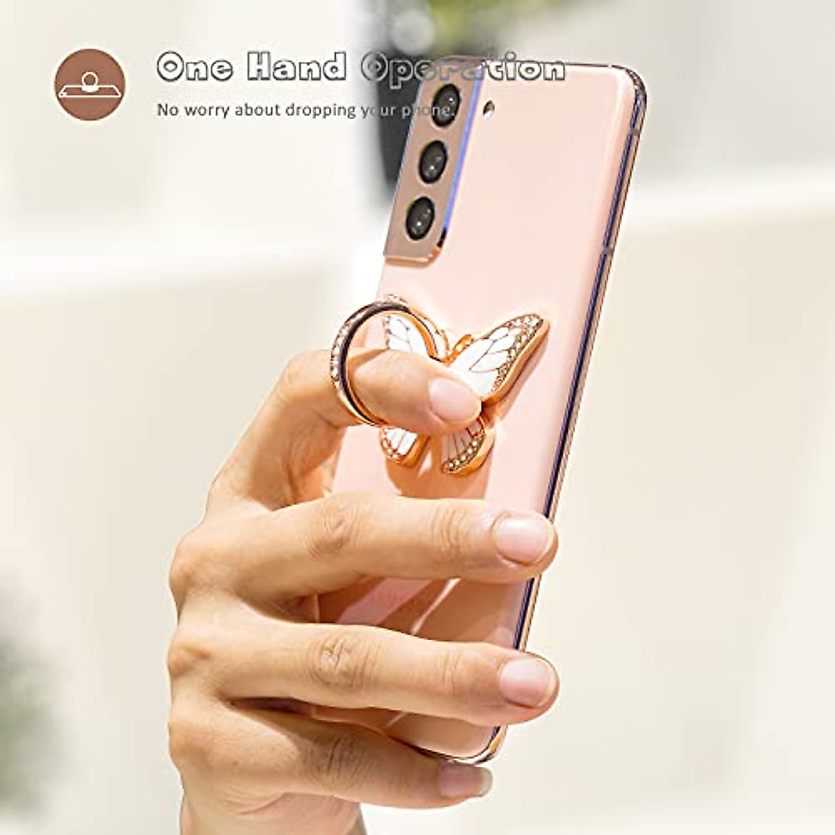 Butterfly Cell Phone Ring Holder, 360°Rotation Phone Ring Grip, Compatible with iPhone, Samsung Galaxy, LG Google Pixel, iPad, Rhinestones and Enamel (Rose Gold and White)