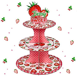Strawberry Cupcake Stand - Berry Sweet Birthday Party Decorations, 3 Tier Round Strawberry Themed Dessert Tower Stand, Cupcake Holder Stand for Sweet One Birthday Party Decorations