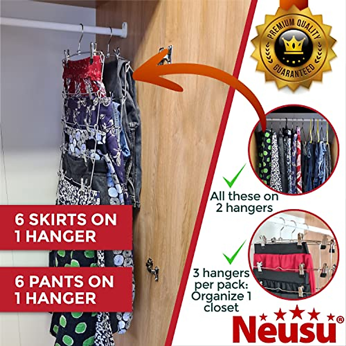 Neusu Space Saving 6 Tier Metal Skirt Hangers - Pack of 3 - Premium Quality Skirt & Pants Hangers with Rubber Coated Adjustable Clips for Women & Men - Hang Skirts, Slacks, Trousers, Jeans