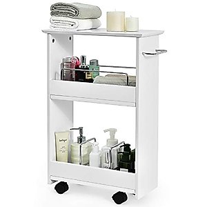 GOFLAME Slim Bathroom Storage Cart, Wooden Storage Shelf with Towel Bar and Side Handle, Storage Cabinet Organizer with Rolling Casters for Bathroom, Laundry, Kitchen