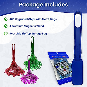 MR CHIPS Made in USA Set of 4 Bingo Magnetic Wands & 400 Pieces Upgraded ¾ Inch Plastic Chips with Metal Rings in 4 Colors Blue, Red, Green, and Purple