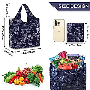 Vuudh 2 Packs Reusable Grocery Bags - Machine Washable Grocery Tote with Pouch, Foldable Shopping Tote Bag Nylon (Navy Blue Animals)
