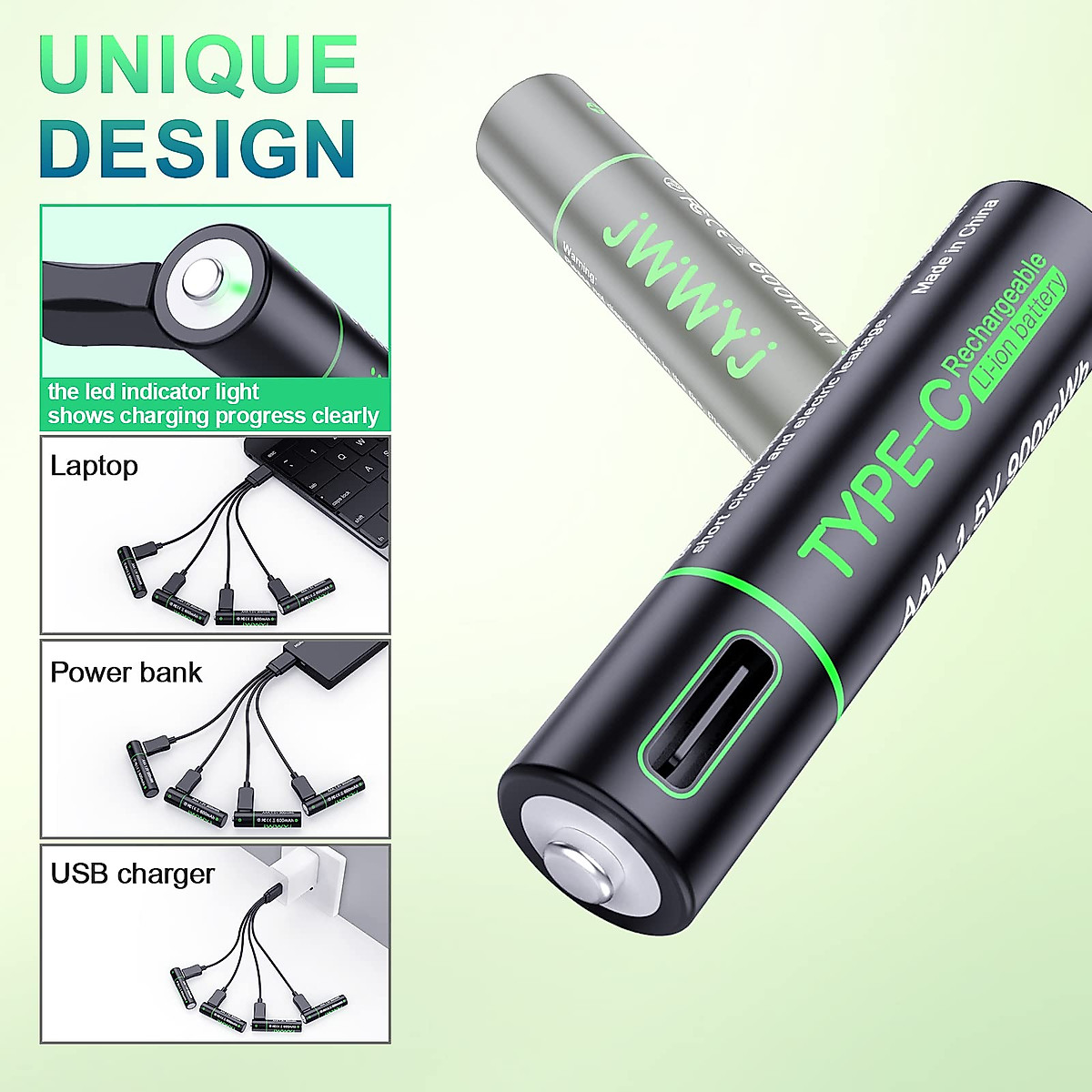 JWWYJ Lithium Rechargeable Batteries - 4Pack Smart Rechargeable AAA Batteries, Lithium Ion 1.5v 900mWh, 600 mAH, Type C Battery Charging Cable, LED Charge Indicator
