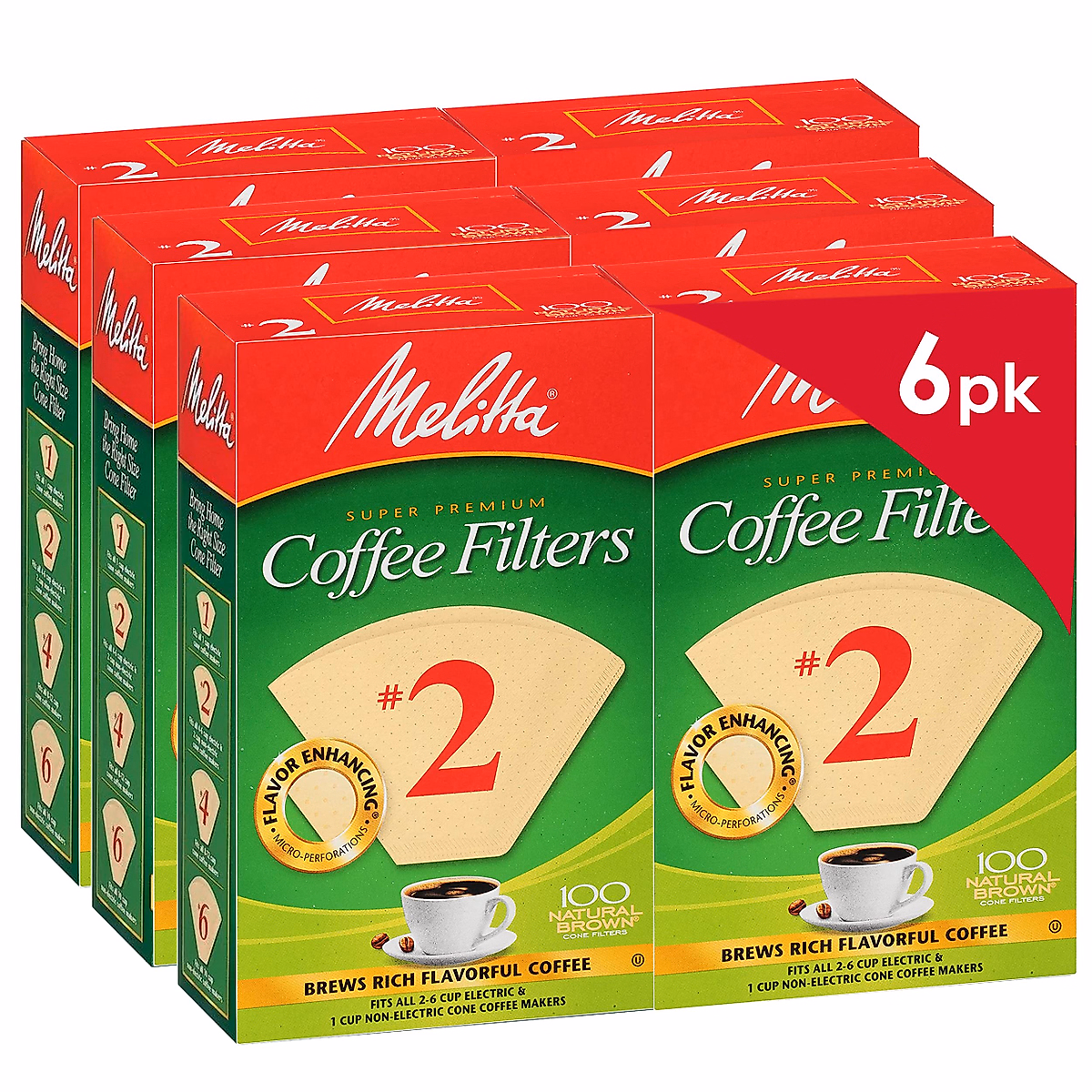 Melitta #2 Cone Coffee Filters, Unbleached Natural Brown, 100 Count (Pack of 6) 600 Total Filters Count - Packaging May Vary