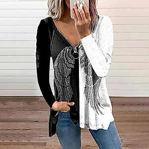 Janepam Womens Tops Shirt Wing Graphic Pattern Print Ethnic Boho Patchwork Long Sleeve Plus Size V-Neck Zipper Loose Blouse(B Black White1,5XL)