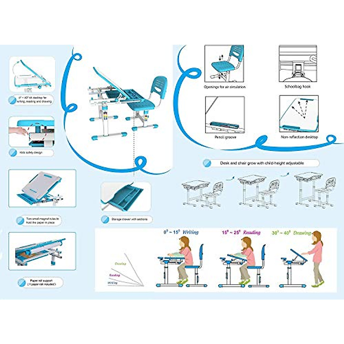 Kids Desk and Chair Set, Functional Children Desk Study Table, Tilted Table Height-Adjustable Desk and Chair Combination with LED Light, Storage Drawers for Boys and Girls, Blue