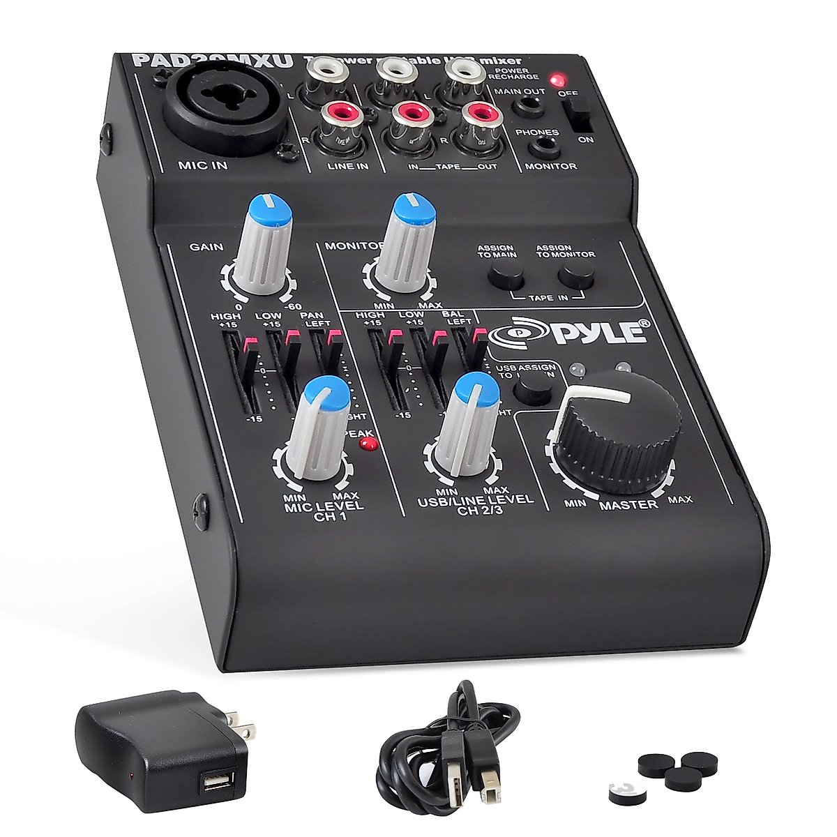Pyle 5 Channel Audio Mixer - DJ Sound Controller Interface with USB Soundcard for PC Recording, XLR 3.5mm Microphone Jack, 18V Power, RCA Input and Output for Professional and Beginners -PAD20MXU