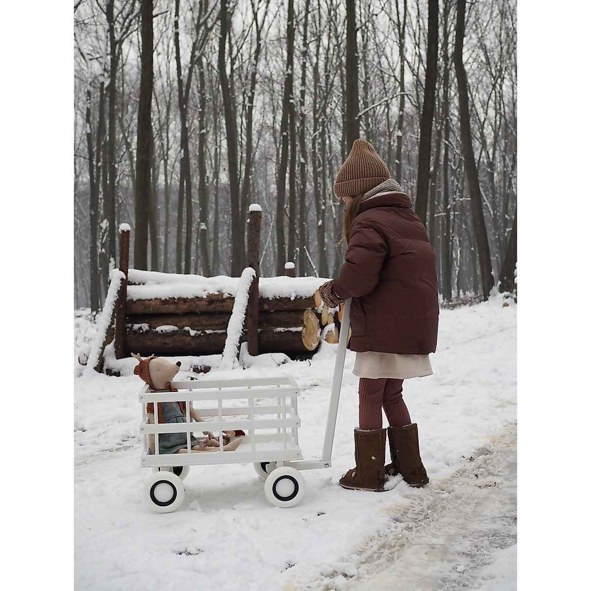 Premium Wooden Wagon JULEK - Safe and Beautiful | Ideal for Weddings and Flower Girls | Color: White Fluff | Wheels: Rubber