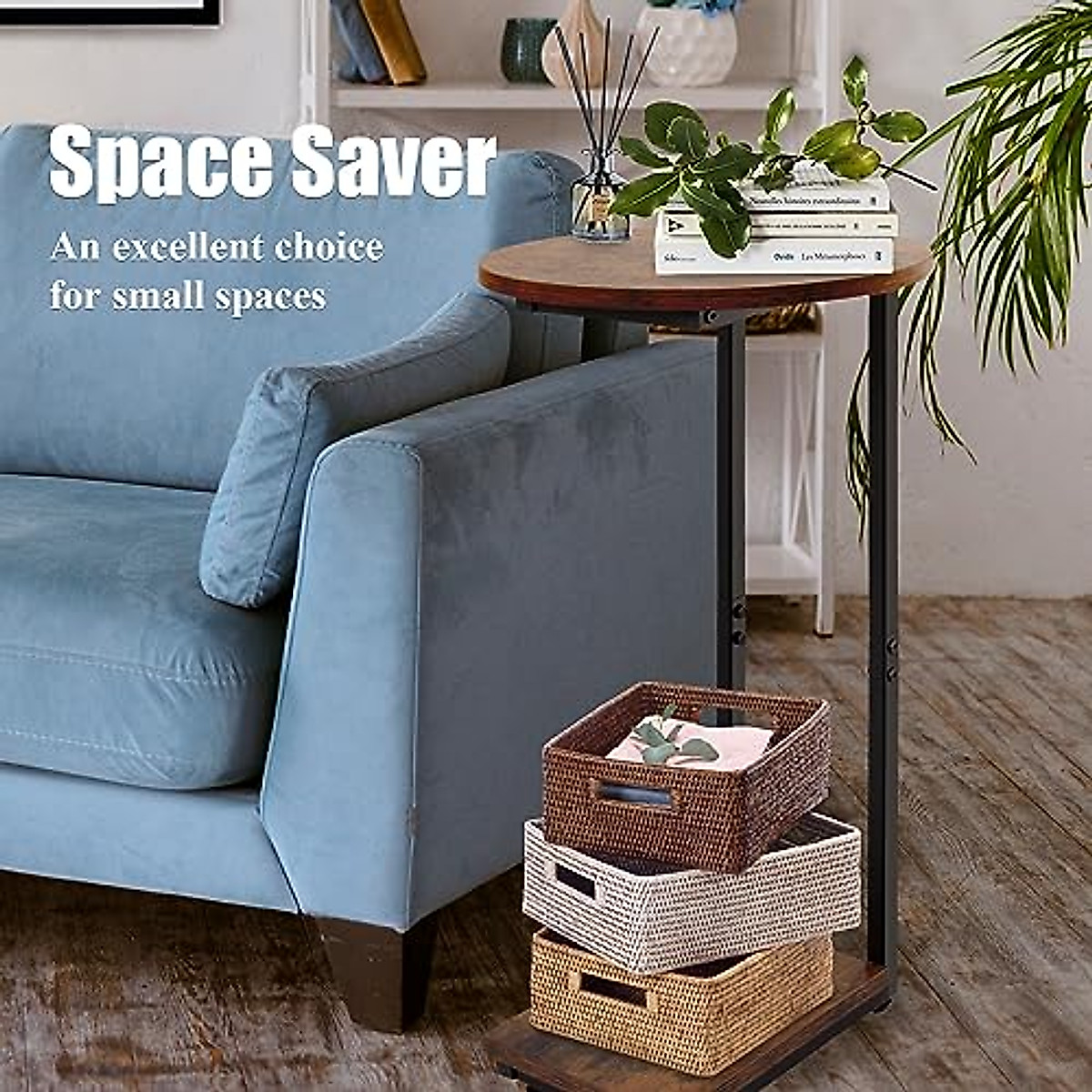 C-Shaped End Table, Snack Side Table for Couch, End Table for Small Space, Rustic Brown and Black C Table with Metal Frame, Sofa Side End Table, Small Table for Living Room, Bedroom, Sitting Room