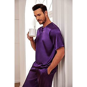 Ekouaer Men Satin Pajamas Set Round Neck Short Sleeve Night Shirt Long Pants with Elastic Waistband Silk Pj Set Purple Small