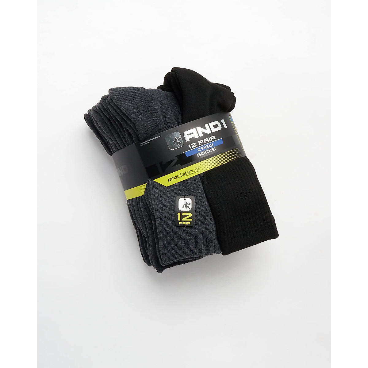 AND1 Men's Athletic Arch Compression Cushion Comfort Crew Socks (12 Pack), Size 6-12.5, BlackGray