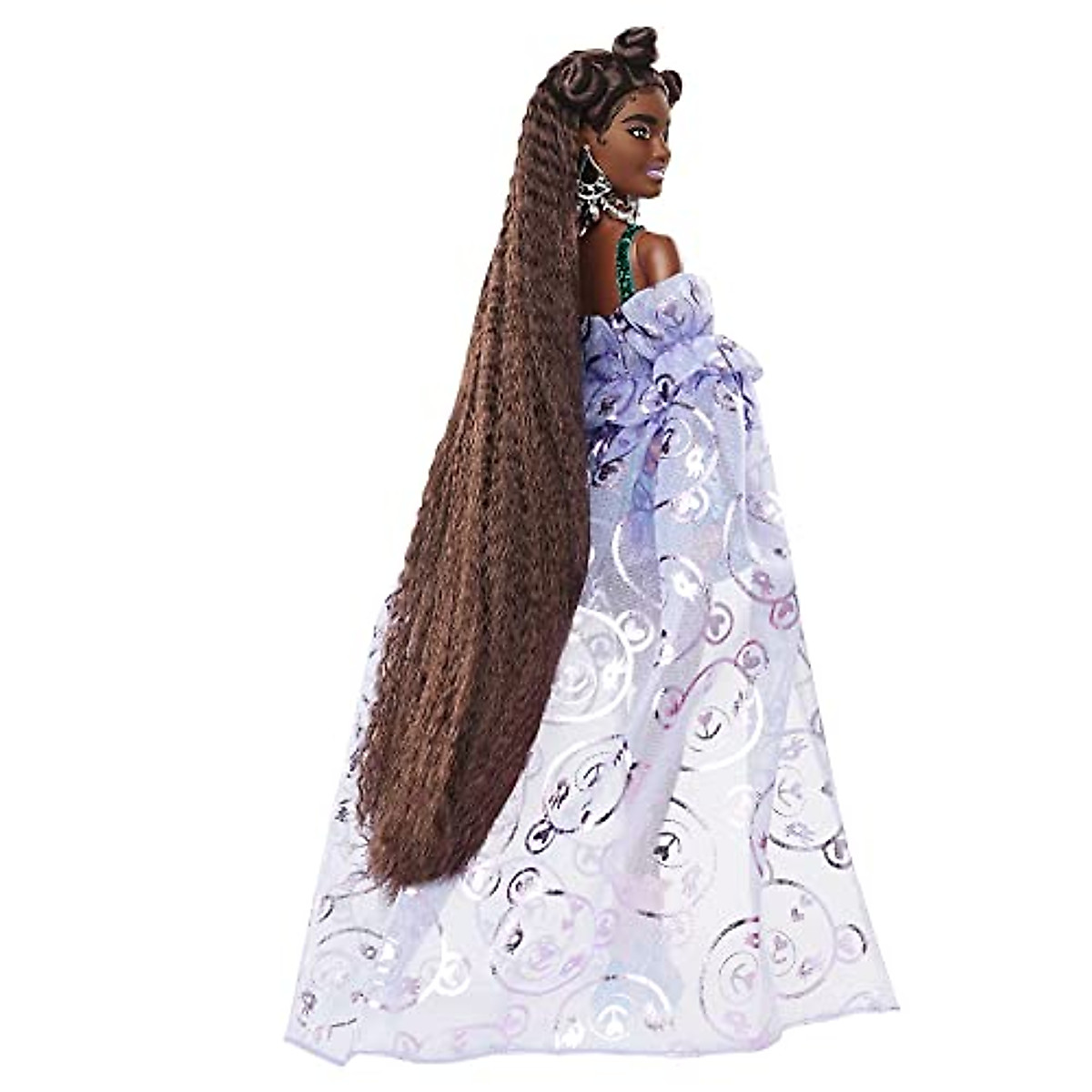 Barbie Extra Fancy Fashion Doll & Accessories Dressed in a Teddy-Print Gown with Sheer Train, Plus Teddy Bear Pet