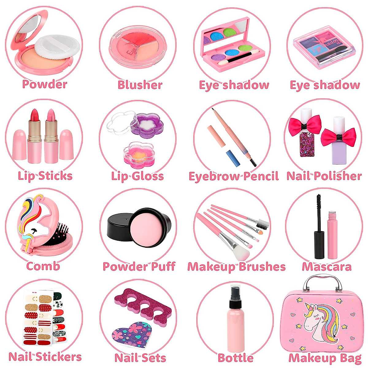 Flybay Kids Makeup Kit for Girl, Washable Makeup Set Girls Toys, Real Girls Makeup Kit for Kids, Children Toddler Princess Play Make Up Set Christmas Birthday Gifts for Girls Age 3-12 Year Old