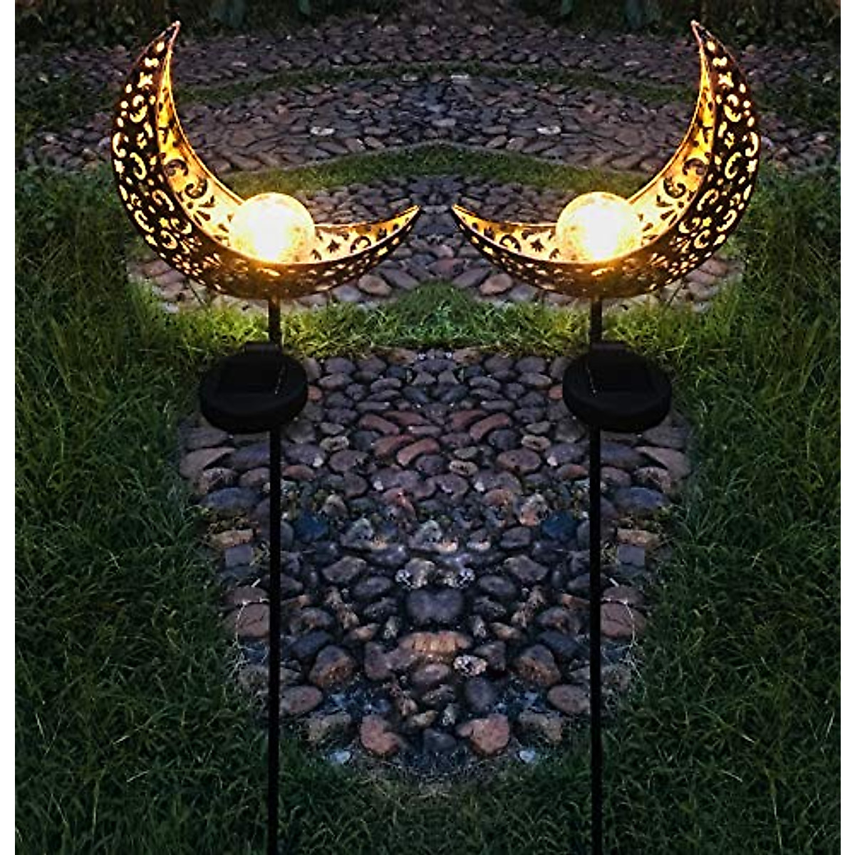 Aubasic Solar Powered Garden Lights, 2 Pack Antique Brass Hollow-Carved Metal Moon with Warm White Crackle Glass Globe Stake Lights,Waterproof Outdoor for Lawn,Patio,Yard
