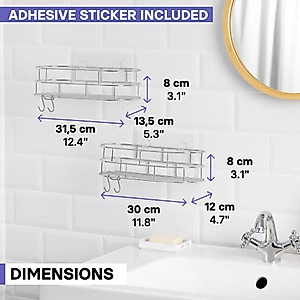 KINCMAX Shower Caddy, Rustproof SUS304 Stainless Steel, Adhesive Wall Mount Double Deep Round Baskets 2-pack with Hooks (Polished Silver)